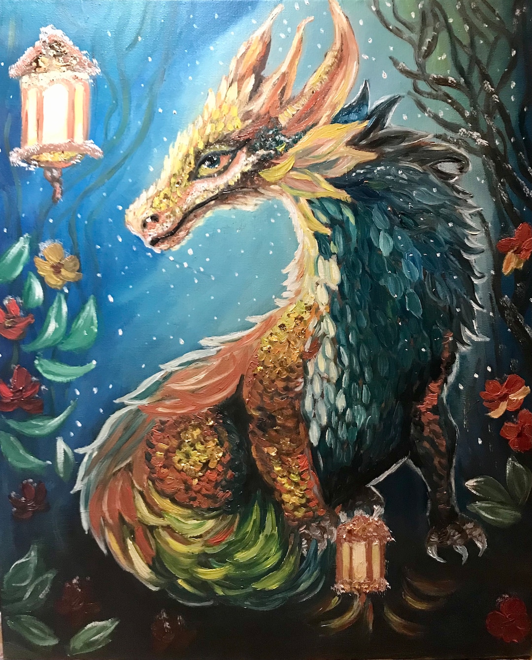 Painting of a Dragon With Flowers and Lanterns, Art Year of the Dragon ...