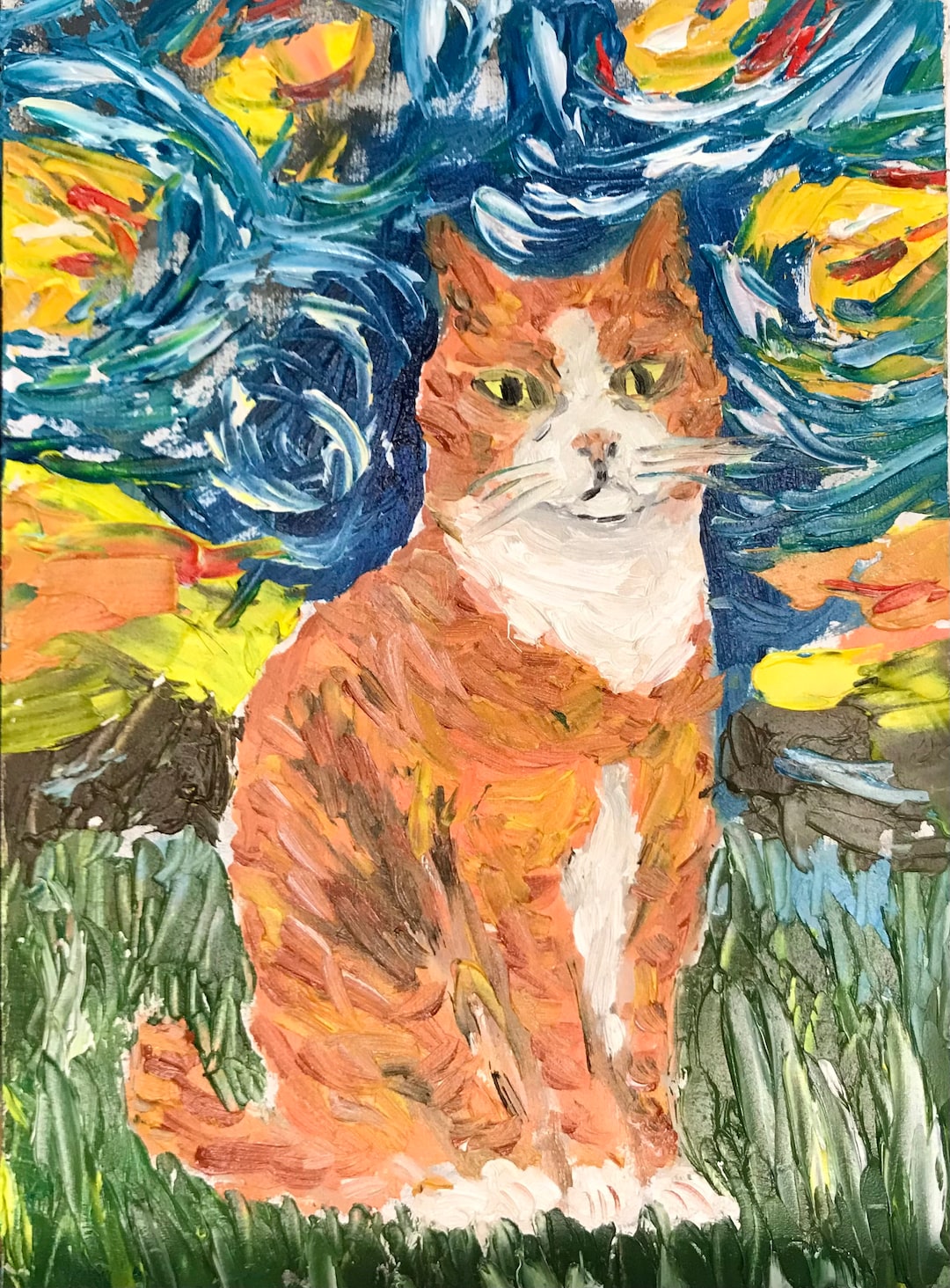 Red Cat Small Oil Painting Van Gogh Style Art Bright Painting Home ...