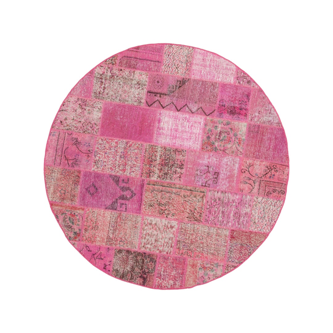 6' 6'' Ft Handmade Pink Round Area Rug, Turkish Anatolian Decorative ...
