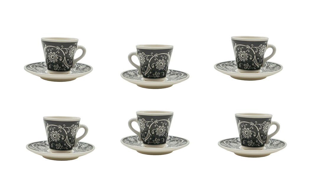6 Sets of Black Coffee Cup Set , Handmade Painted Ceramic Turkish ...