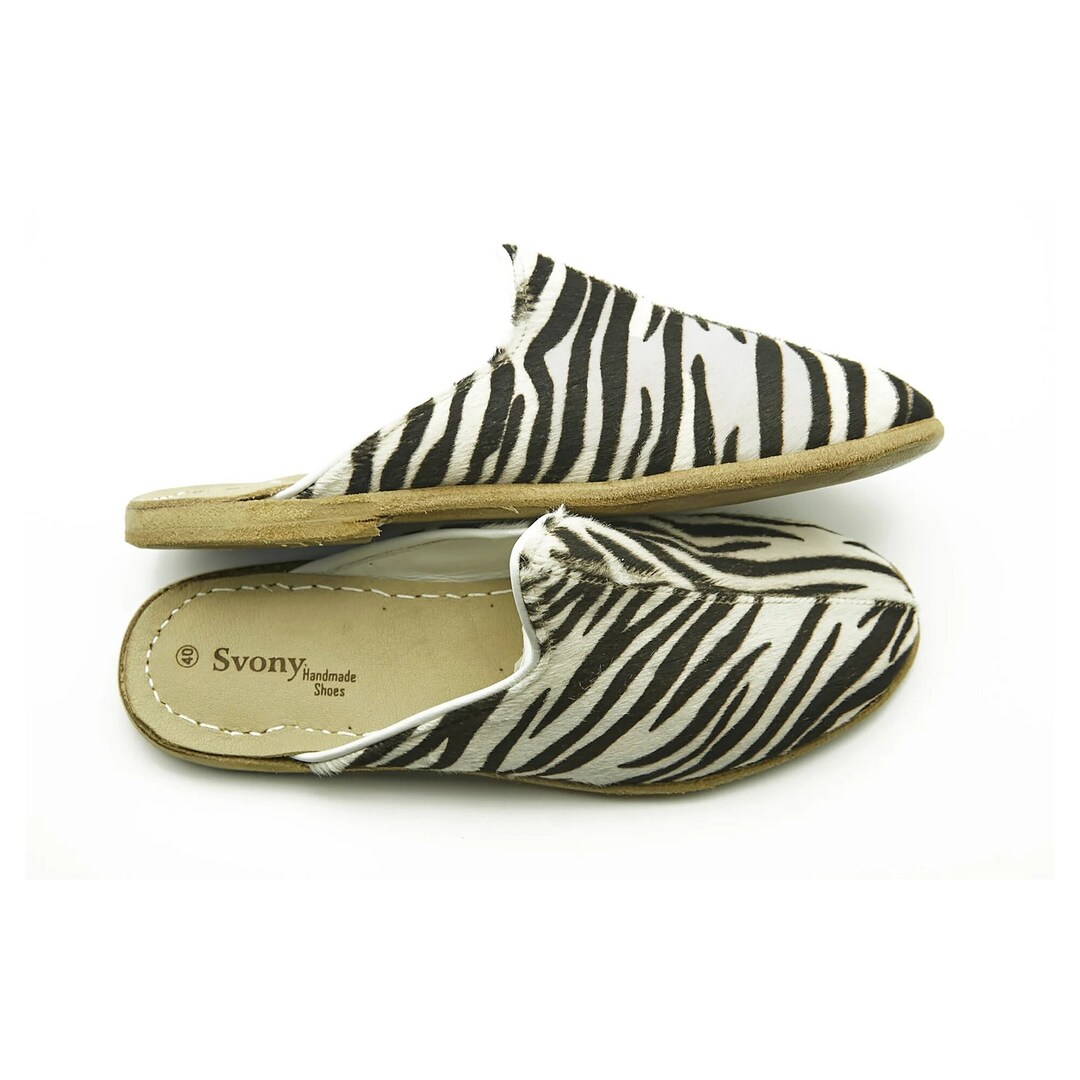 Zebra Print Leather Slippers: Handmade Women's Travel Shoes - Etsy