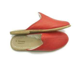 Womens Red Color Leather Slippers, Flat Slippers, Winter Slip-ons ...