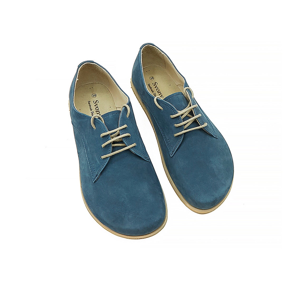Men Zero Drop Oxford Shoes, Blue Color Nubuck Barefoot, Leather Insole ...