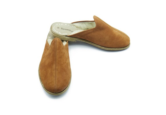 Shearling Women Tan Color Slipper Leather Slipper Handmade | Etsy