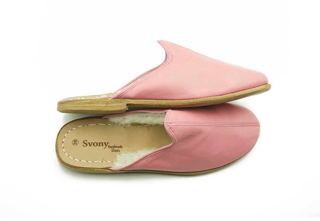 Men's Pink Leather Shearling Slippers: Handmade Winter Slip-ons - Etsy