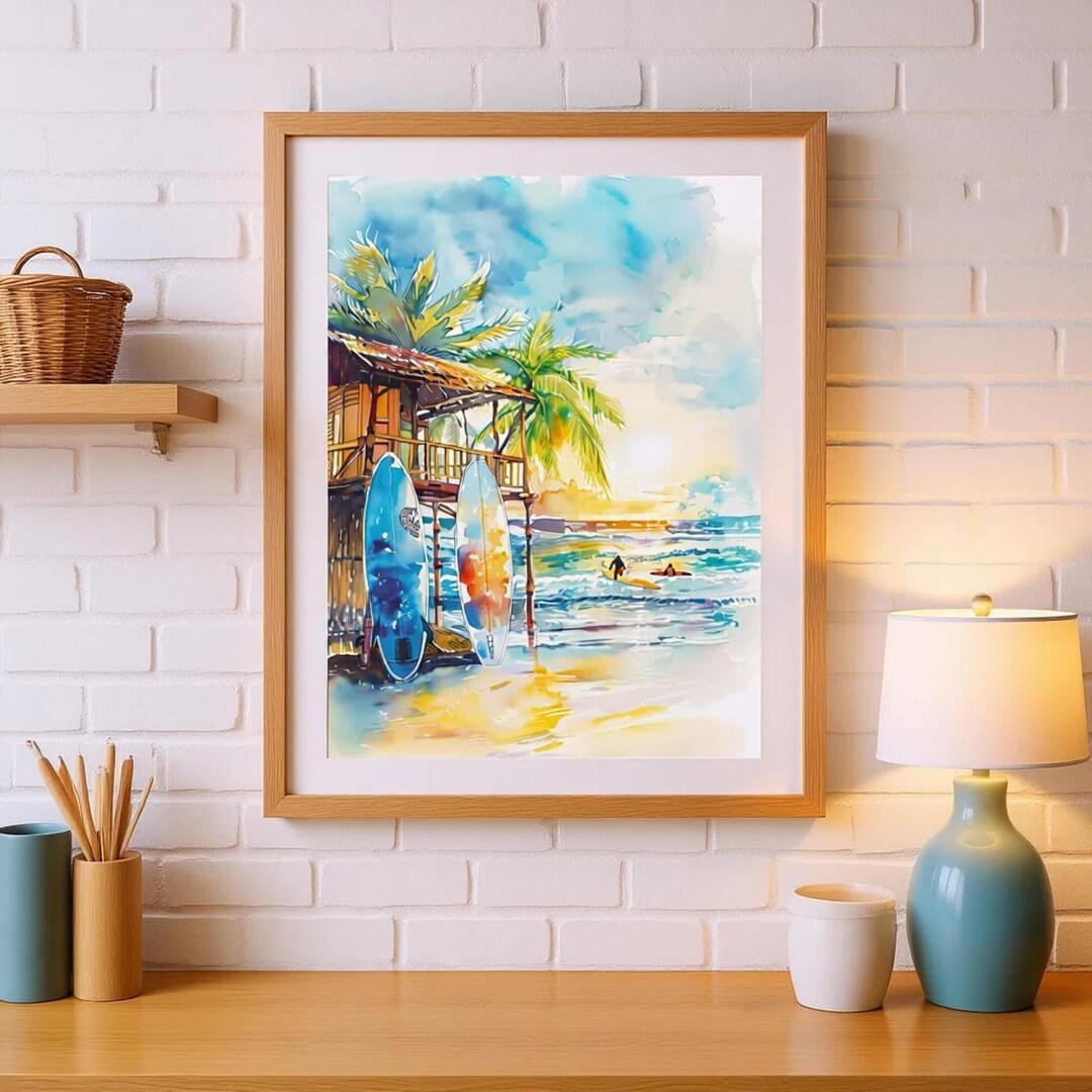 Tropical Surf Shack – Hawaiian Beach Sunset Watercolor Print - Etsy