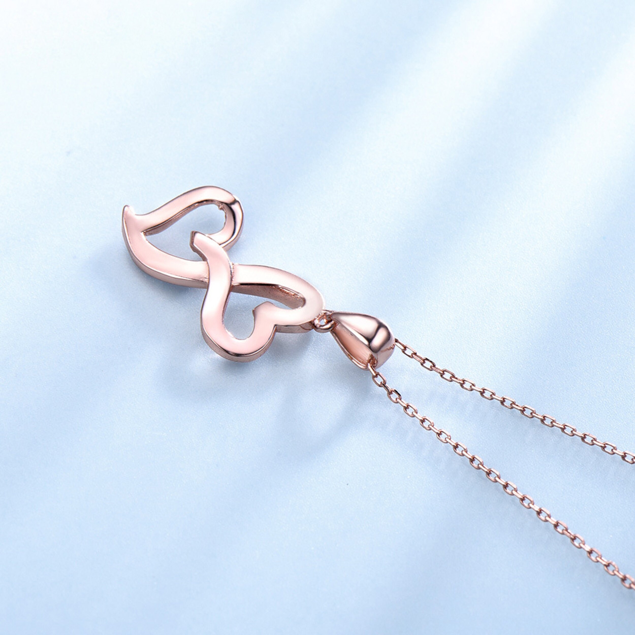 Rose Gold Color Double Heart Infinity Love Necklace Real 925 Sterling ...