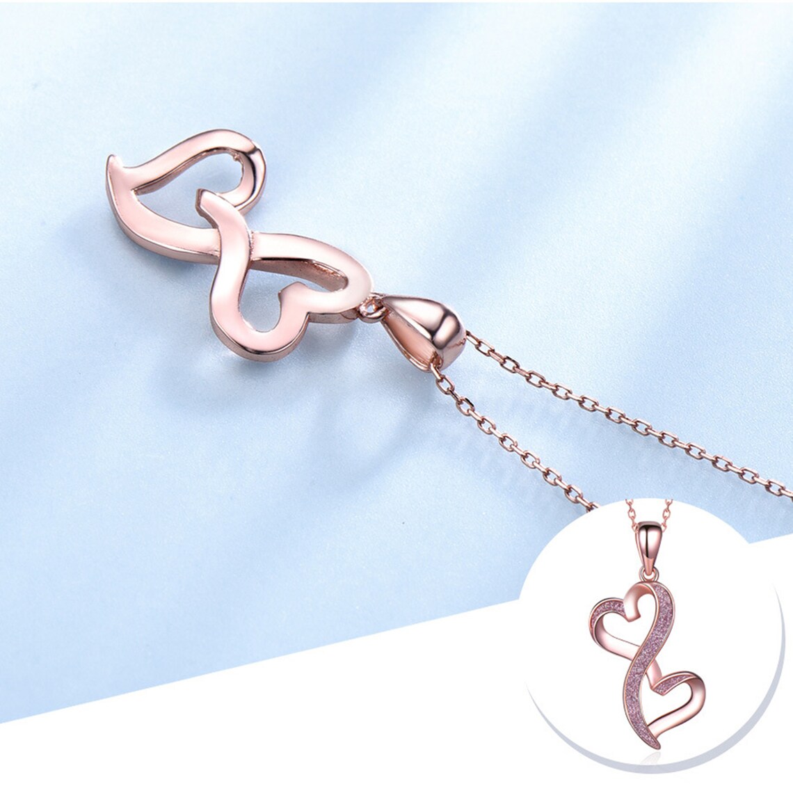 Rose Gold Color Double Heart Infinity Love Necklace Real 925 Sterling ...