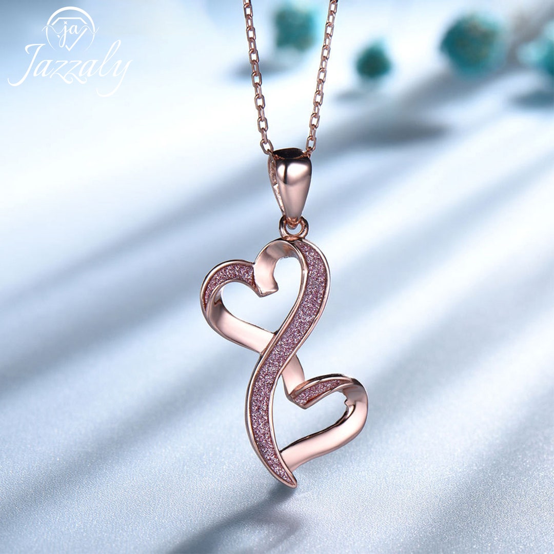 Rose Gold Color Double Heart Infinity Love Necklace Real 925 Sterling ...