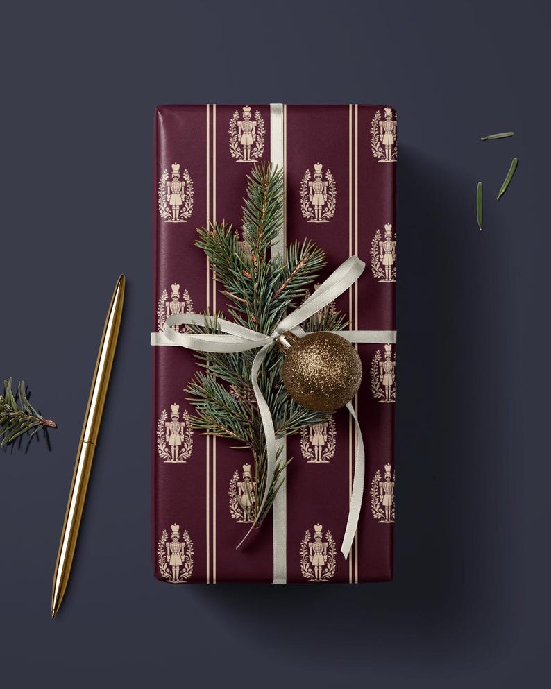 Nutcracker Christmas Wrapping Paper. Burgundy Christmas Gift Wrap ...