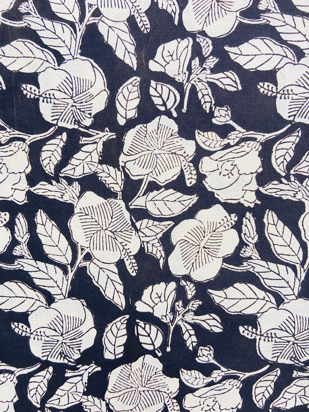 Beautiful Black and White Hibiscus Hand Block Print Cotton Fabric ...