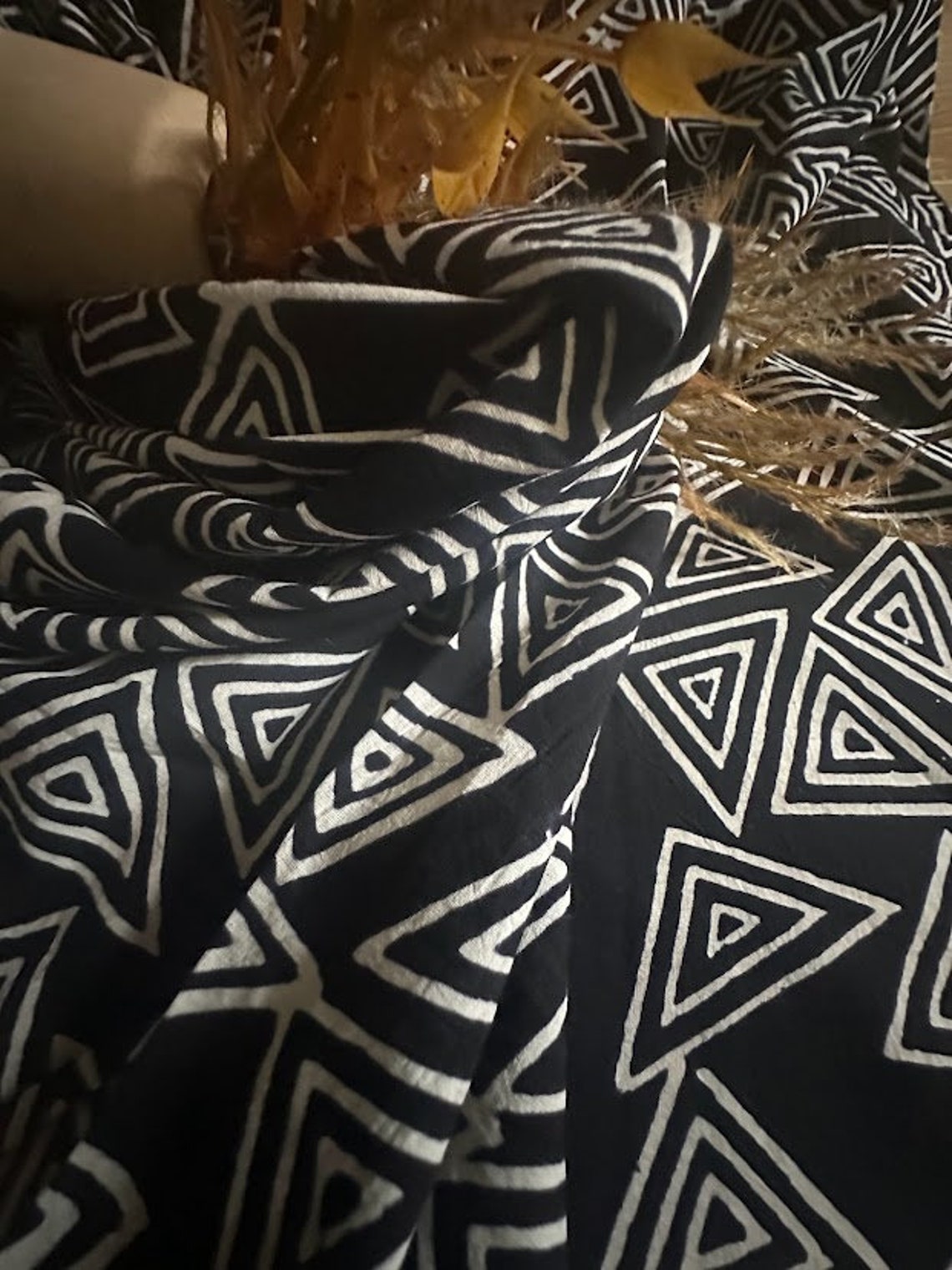 Jet Black Triangle Shape Hand Block Printed 100% Cotton Fabric ...