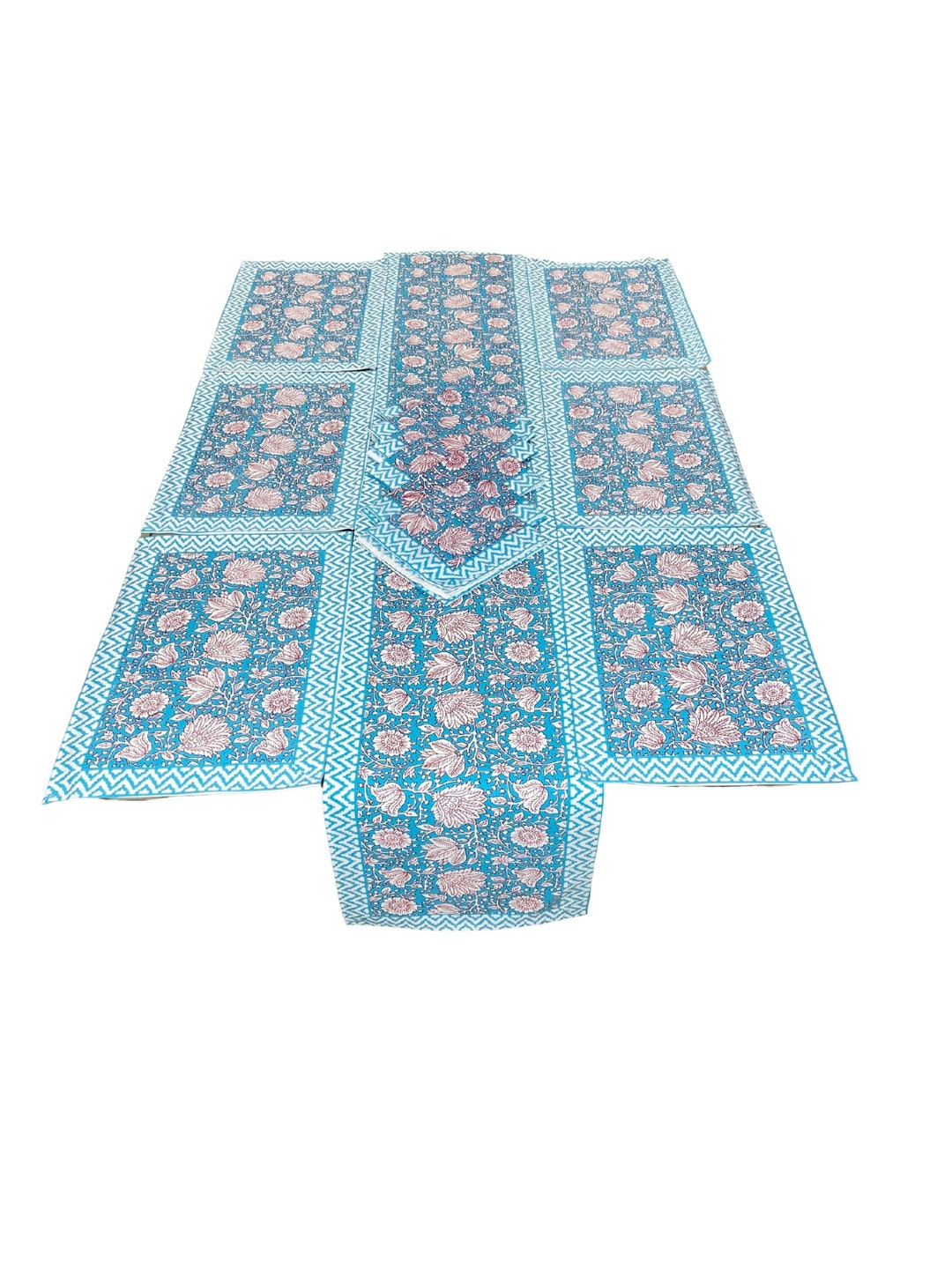Rectangular Blue Floral Set Cotton Canvas Fabric Bordered- 1 Table ...