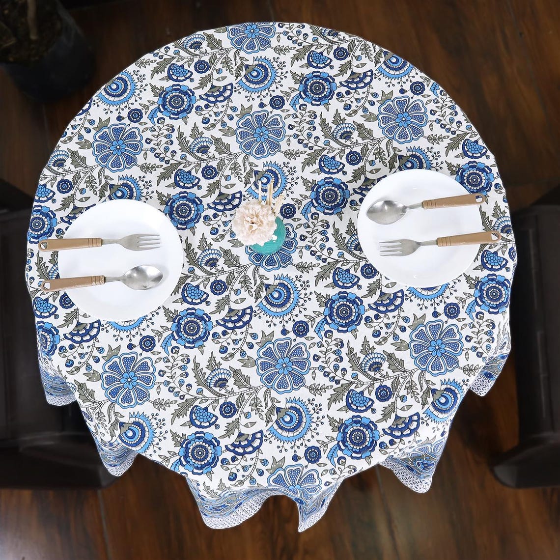 Round Blue Grey Garden Inspired Table Drapery, Indian Block Print ...