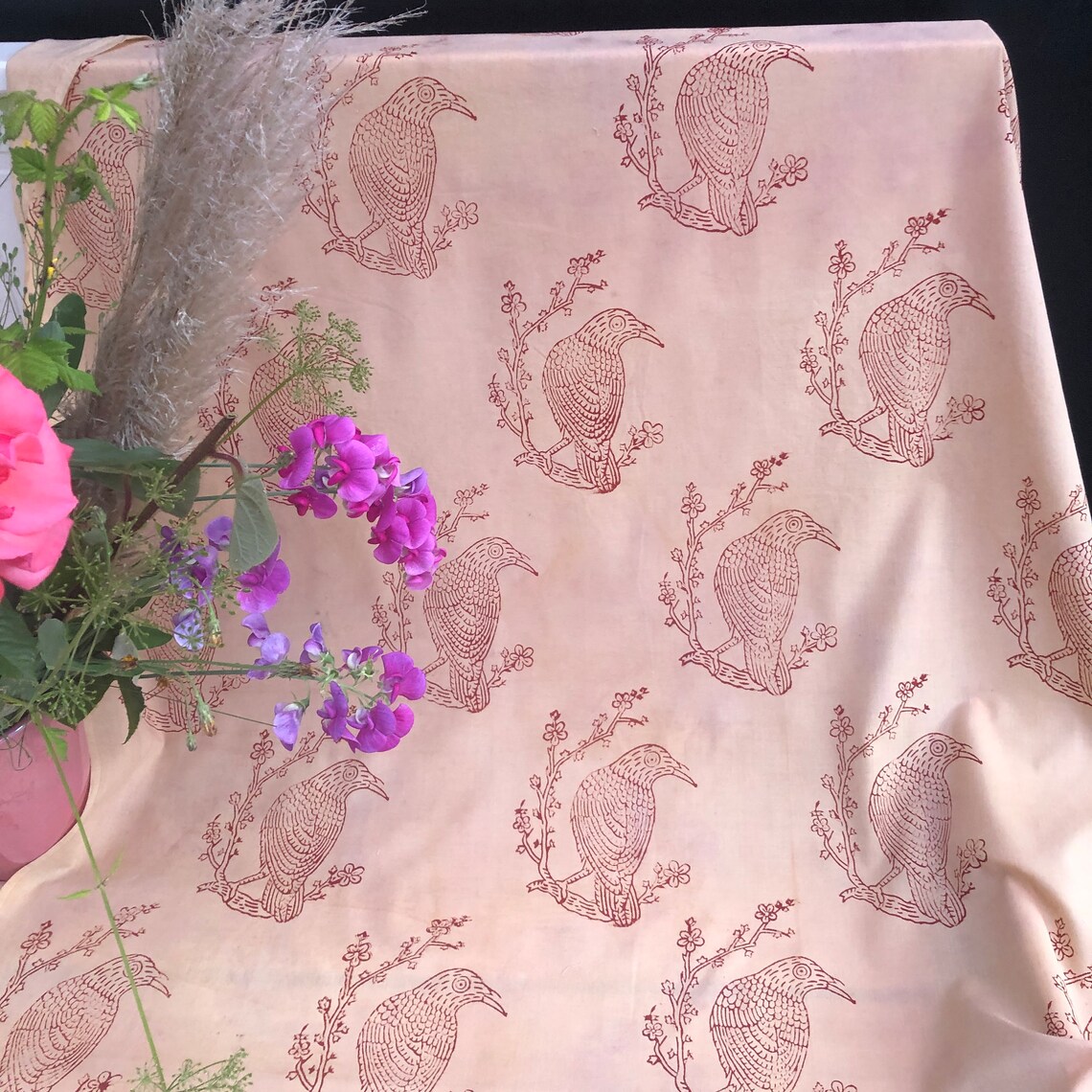 Red Bird Pattern in Coffee Background Hand Block Print 100% - Etsy