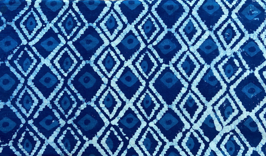 White Blue Diamonds Indigo/dabu/block Prints Fabric Hand Printed Indian ...