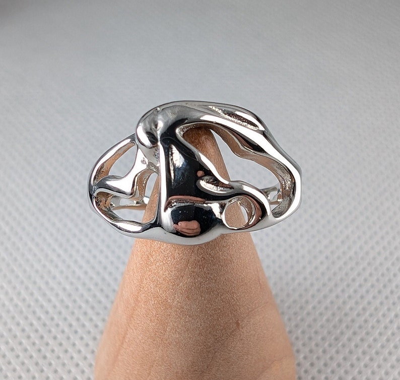 Chunky Irregular Abstract Molten Liquid Metal Blob Ring for Women ...