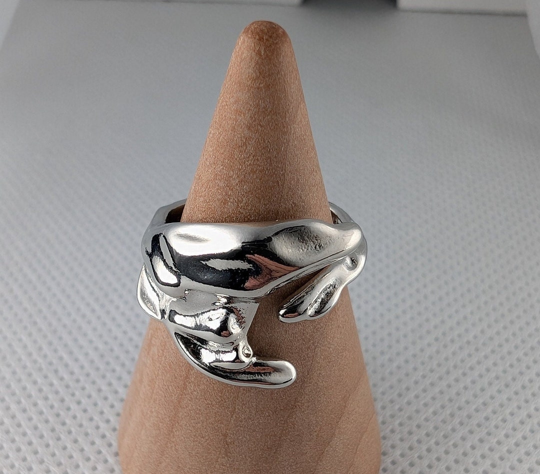 Chunky Moon Shaped Molten Liquid Metal Ring for Women Silver Plated ...