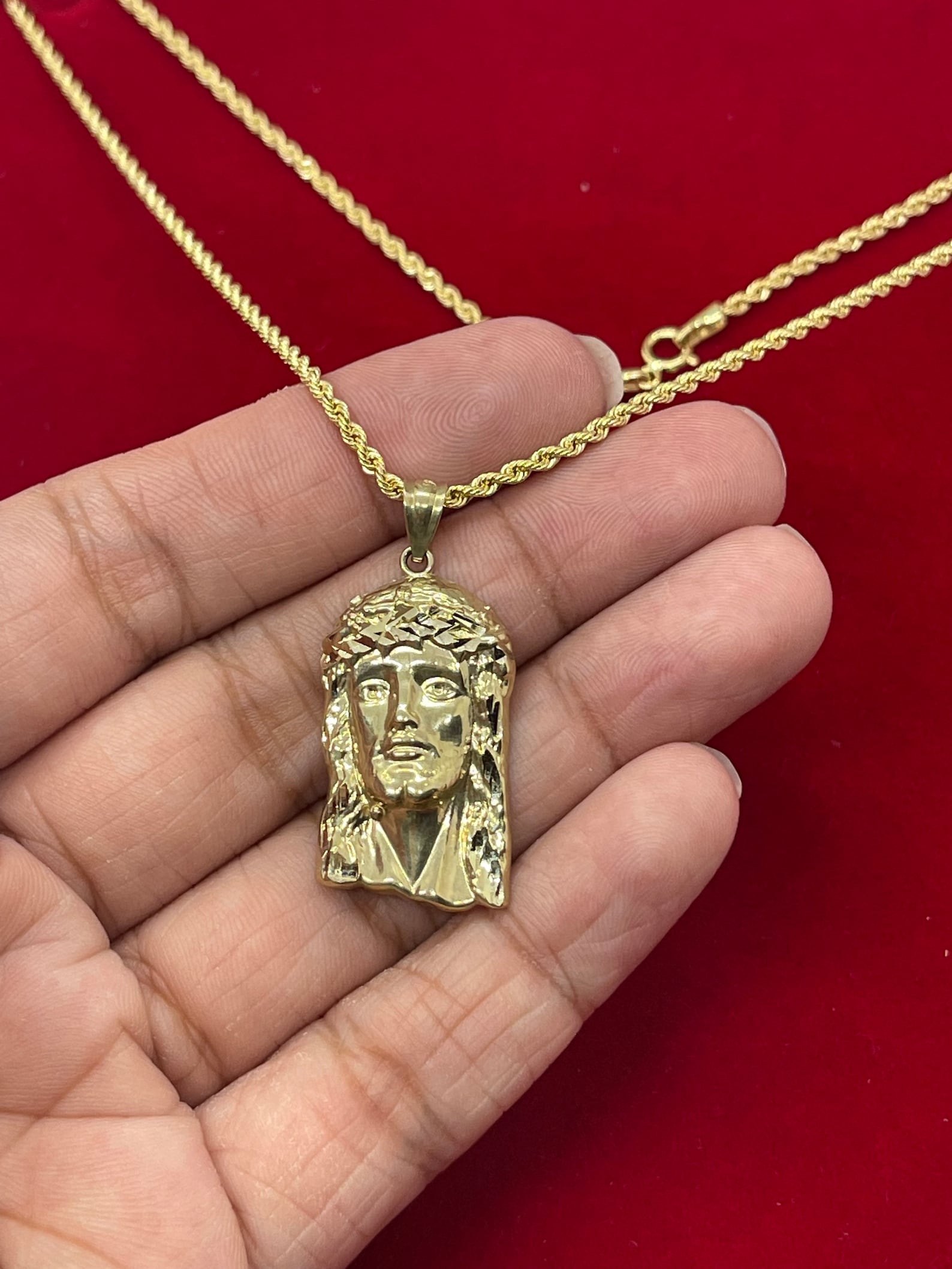 Cadena de cuerda de cara de Jesús de oro de 10KT - Etsy México