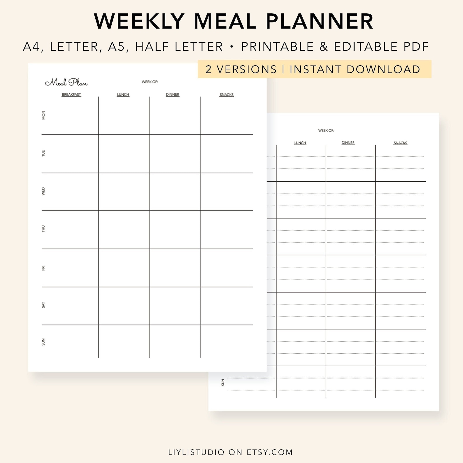 Weekly Meal Planner, Printable, Editable, Meal Plan Template, Food ...