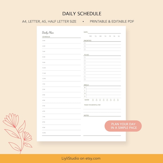 Daily Schedule Printable Editable Daily to Do List Daily | Etsy