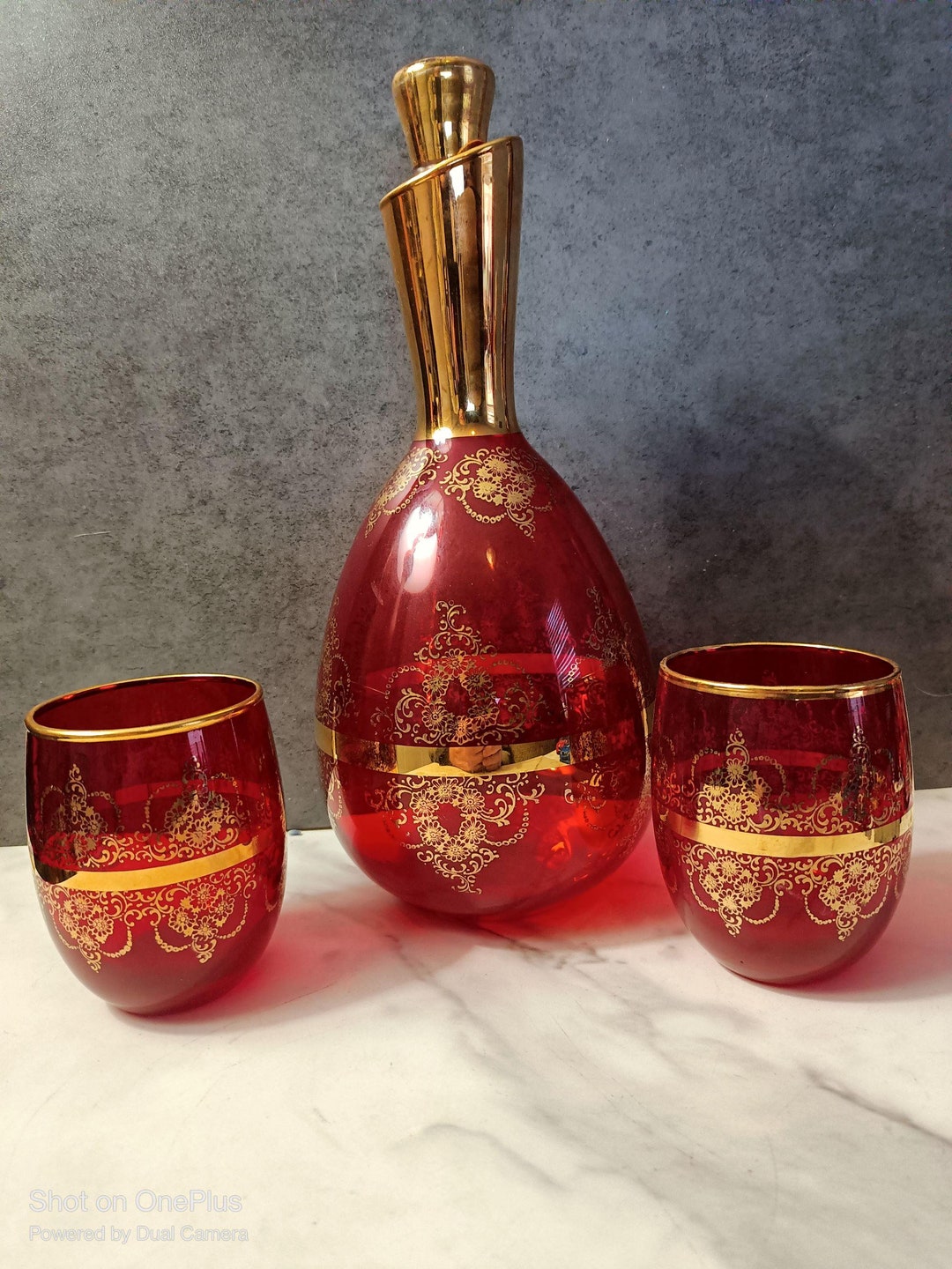 Vintage Ferro & Lazzarini Italian Murano Glass Red Gold Decanter and 2 ...