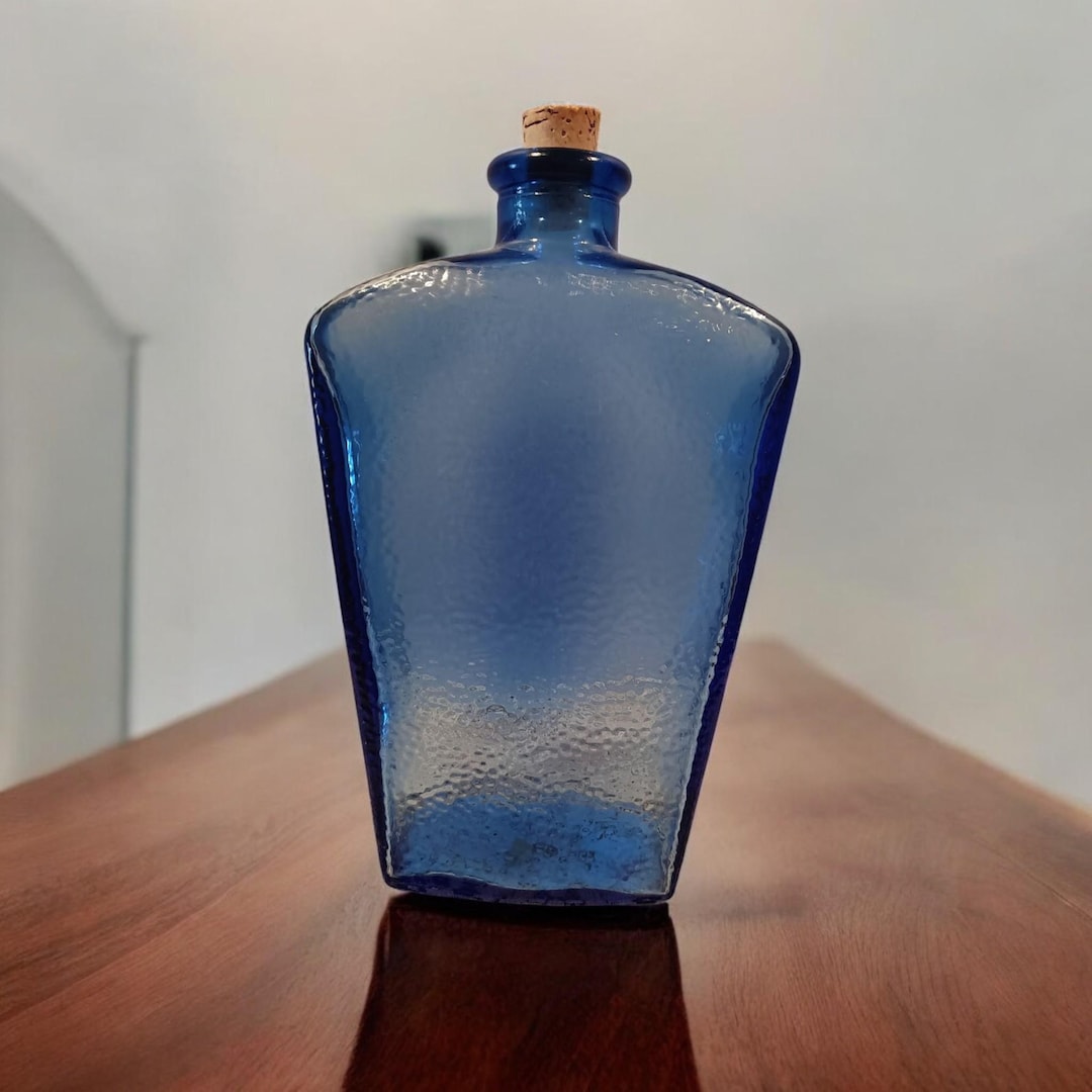 Cobalt Blue Hammered Glass Flask Bottle - Etsy