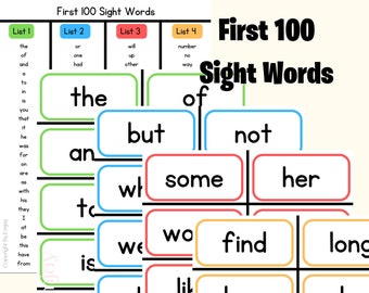 100 Printable Fry's First Hundred Sight Word Flashcards Kindergarten ...