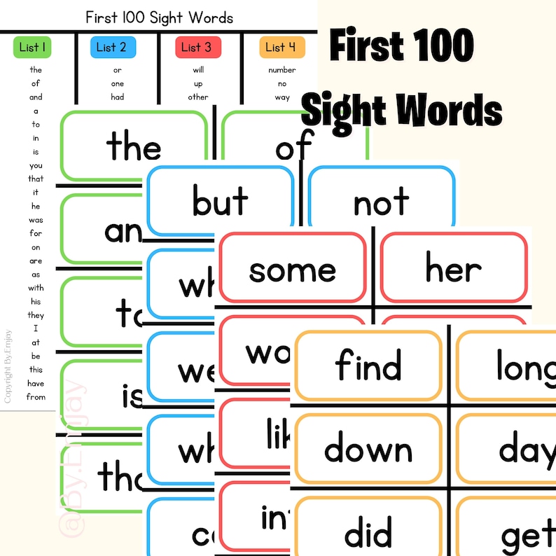 100 Printable Fry's First Hundred Sight Word Flashcards | Kindergarten ...