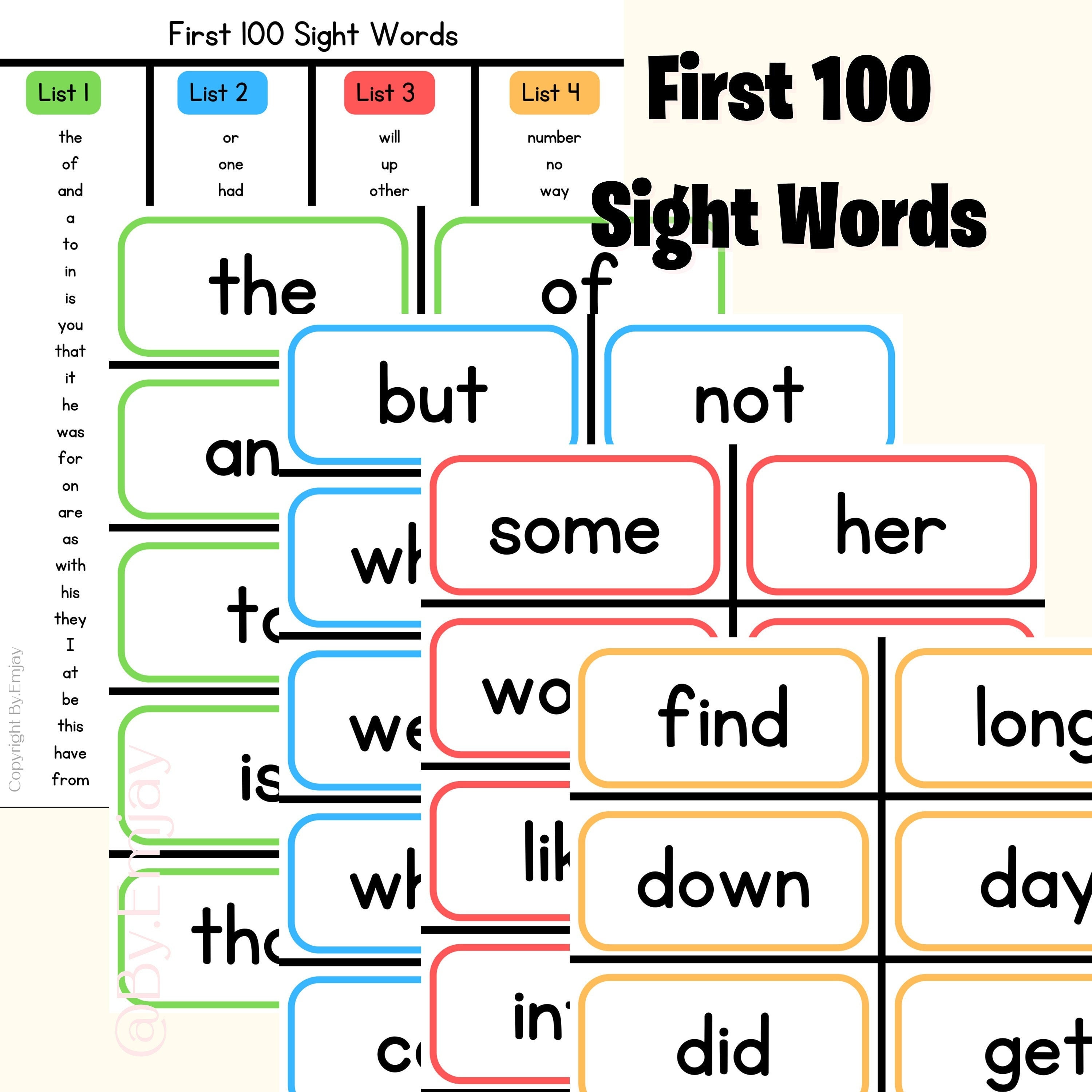 100 Printable Fry's First Hundred Sight Word Flashcards | Kindergarten ...