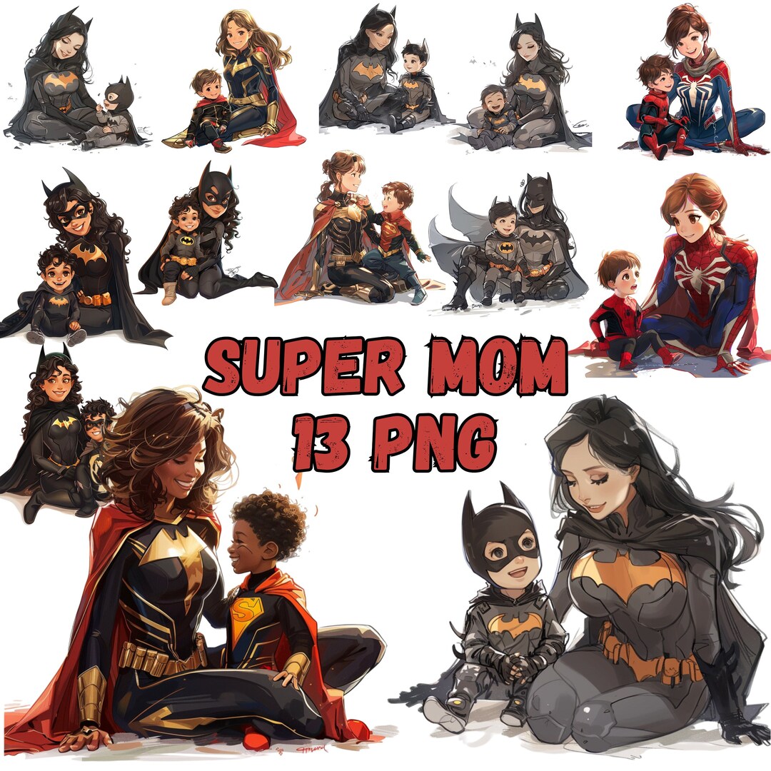 13 Cartoon Superhero Mama Png Bundle, Happy Mothers Day Png, Mom and ...