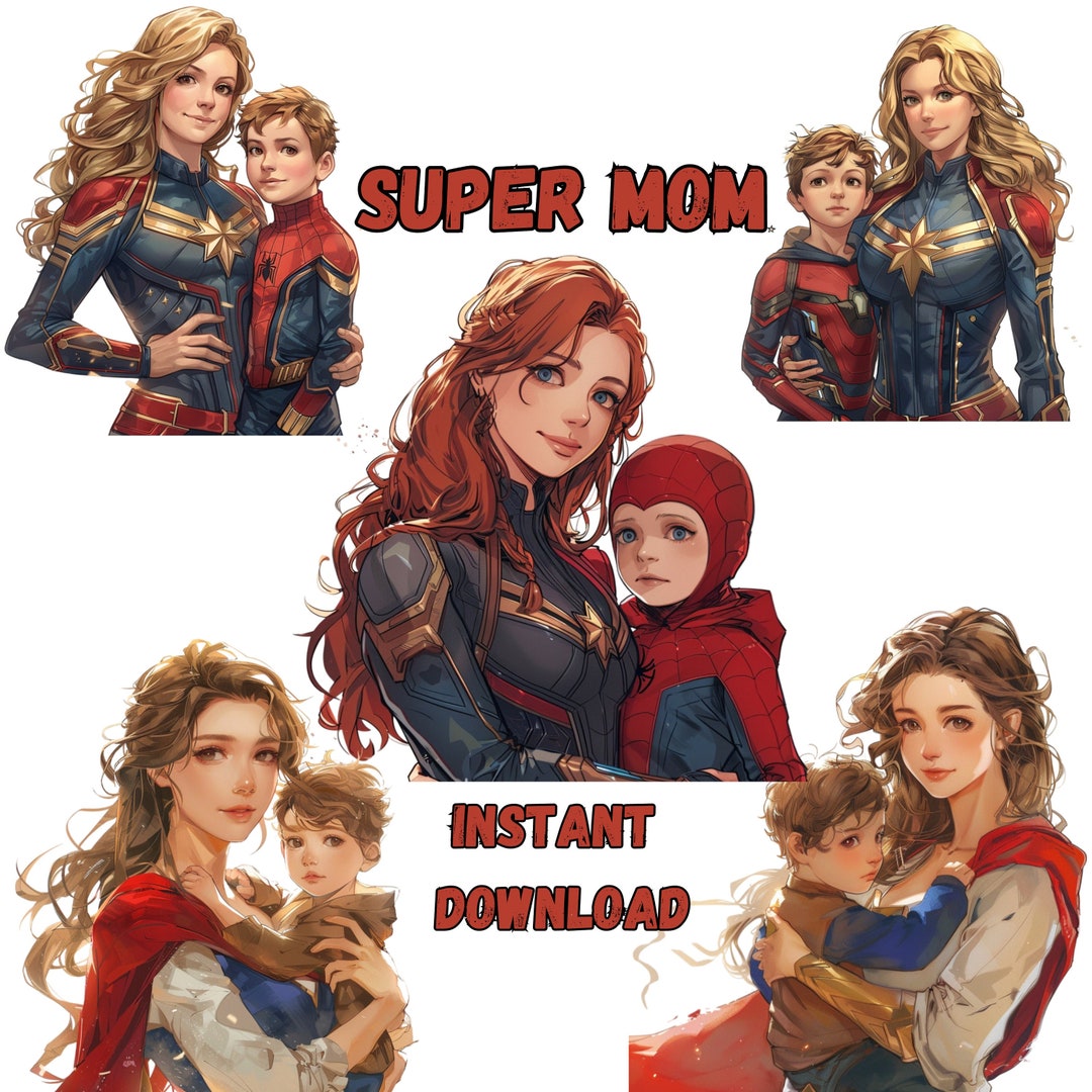 5 Cartoon Superhero Mama Png Bundle, Happy Mothers Day Png, Mom and ...