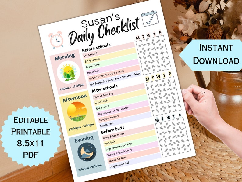 Kids Daily School Checklist Printable Editable Chore Chart - Etsy