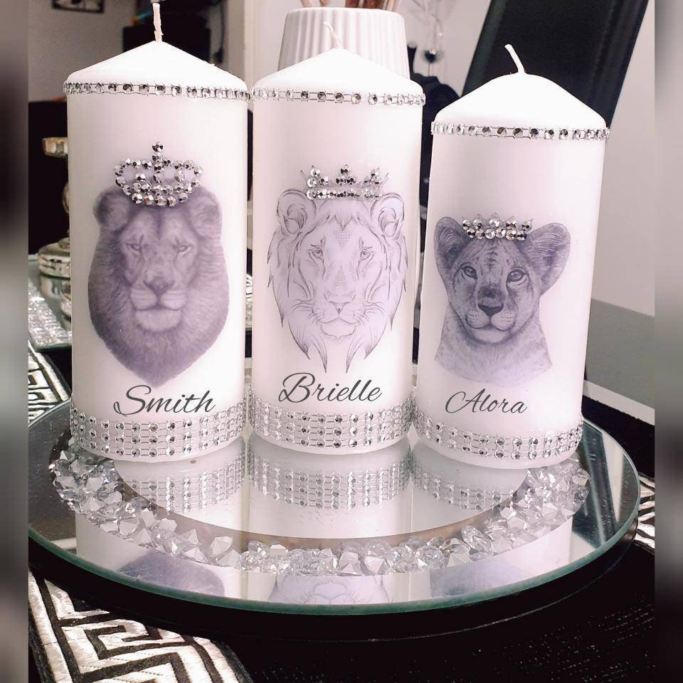 Lion Family Candle: Personalized Bling Pillar Candle, Home Decor - Etsy
