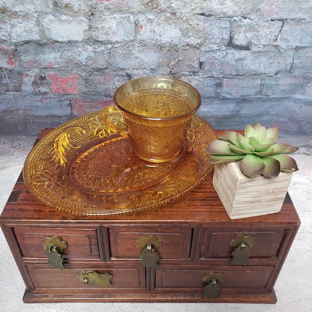 Set of 4 Indiana Tiara Amber Glass Snack Plate & Cup Set- Complete in ...