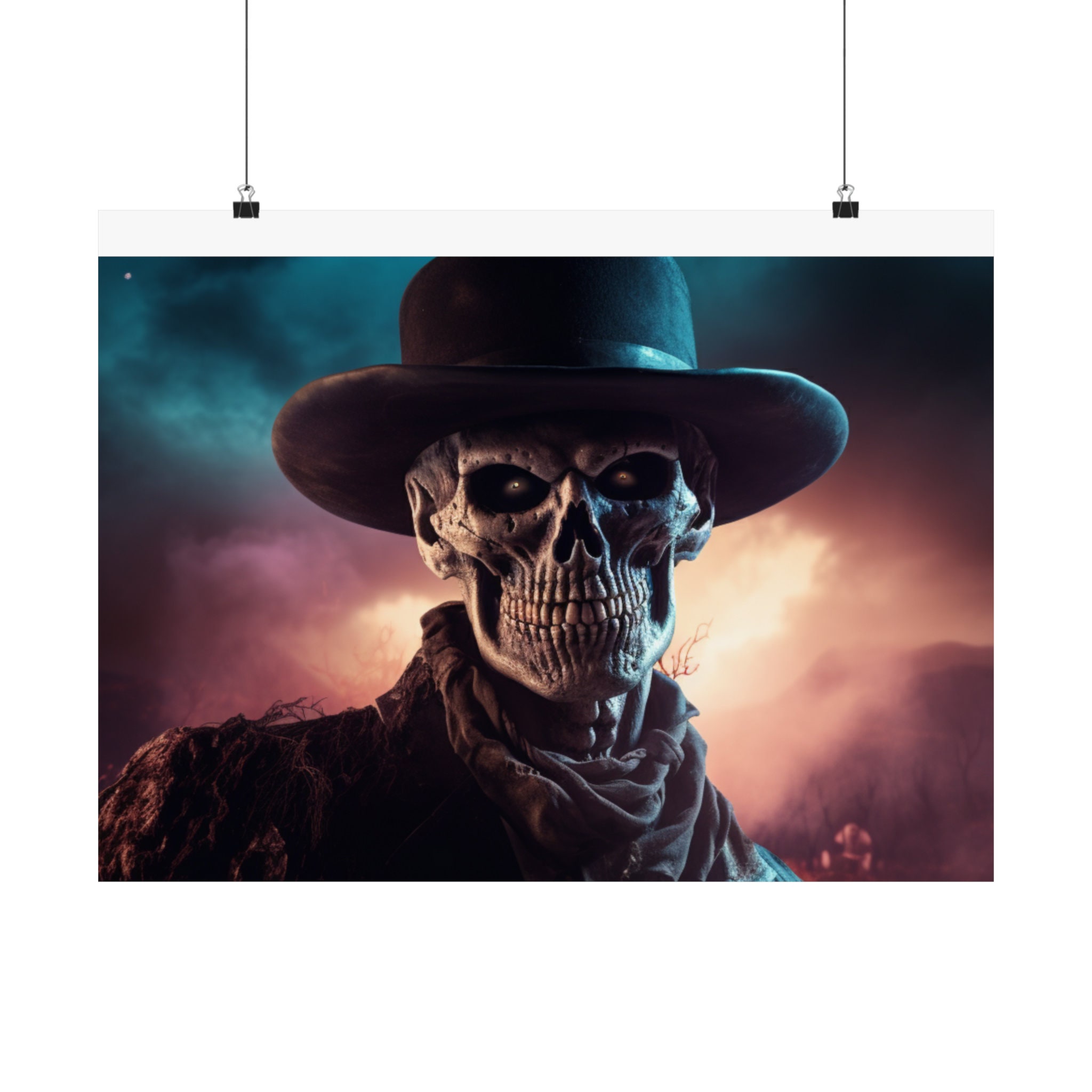 Skeleton Cowboy Print, Eerie Wall Poster, Western Skull, Halloween ...