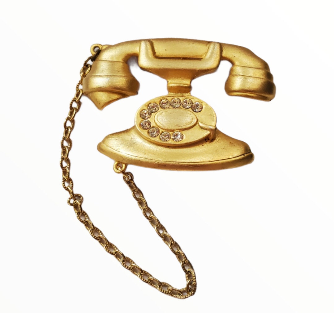 JJs Vintage Gold Tone Rotary Telephone Brooch/Pin with Crystals ...