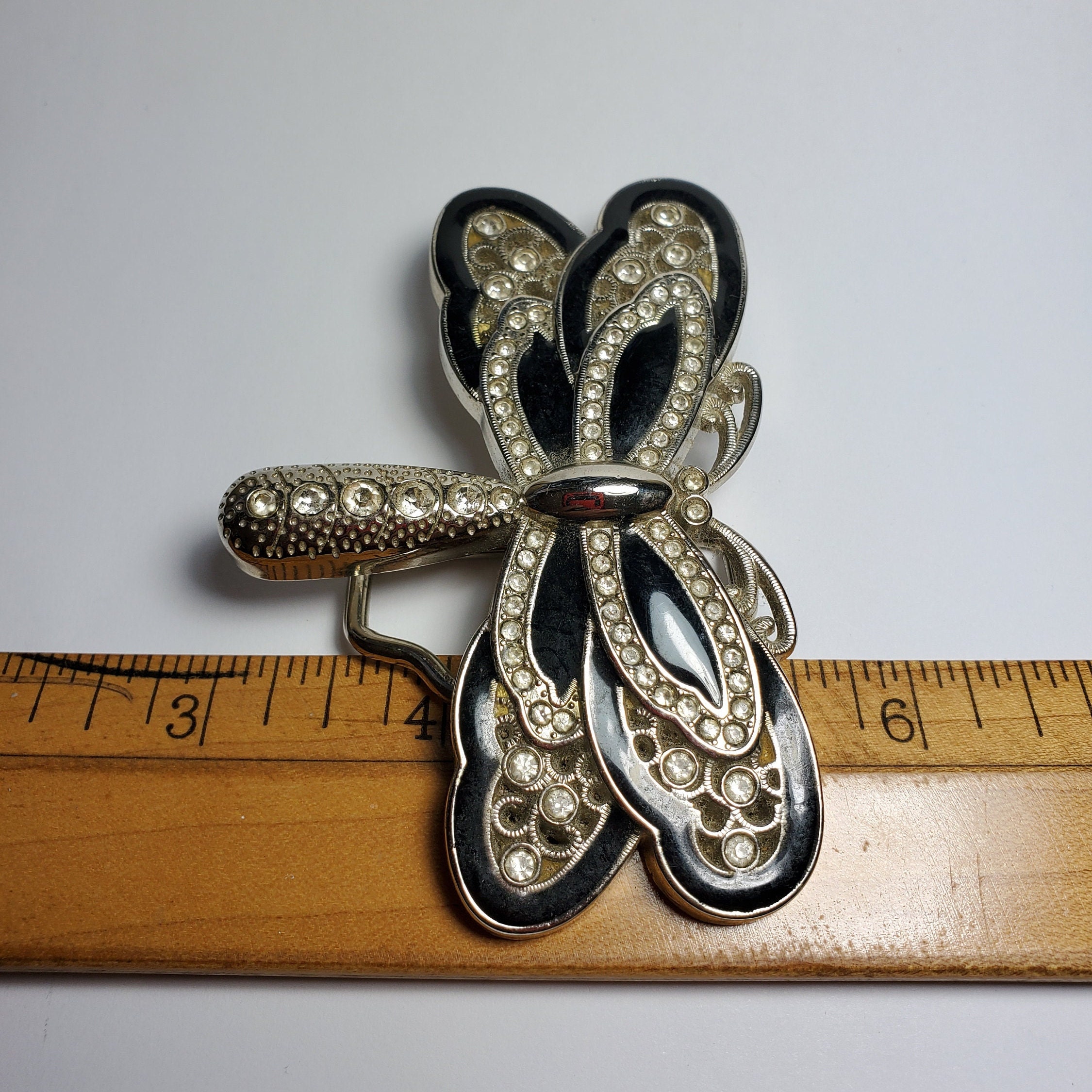Vintage Belt Buckle Black Enamel & Silver Tone Dragonfly With ...