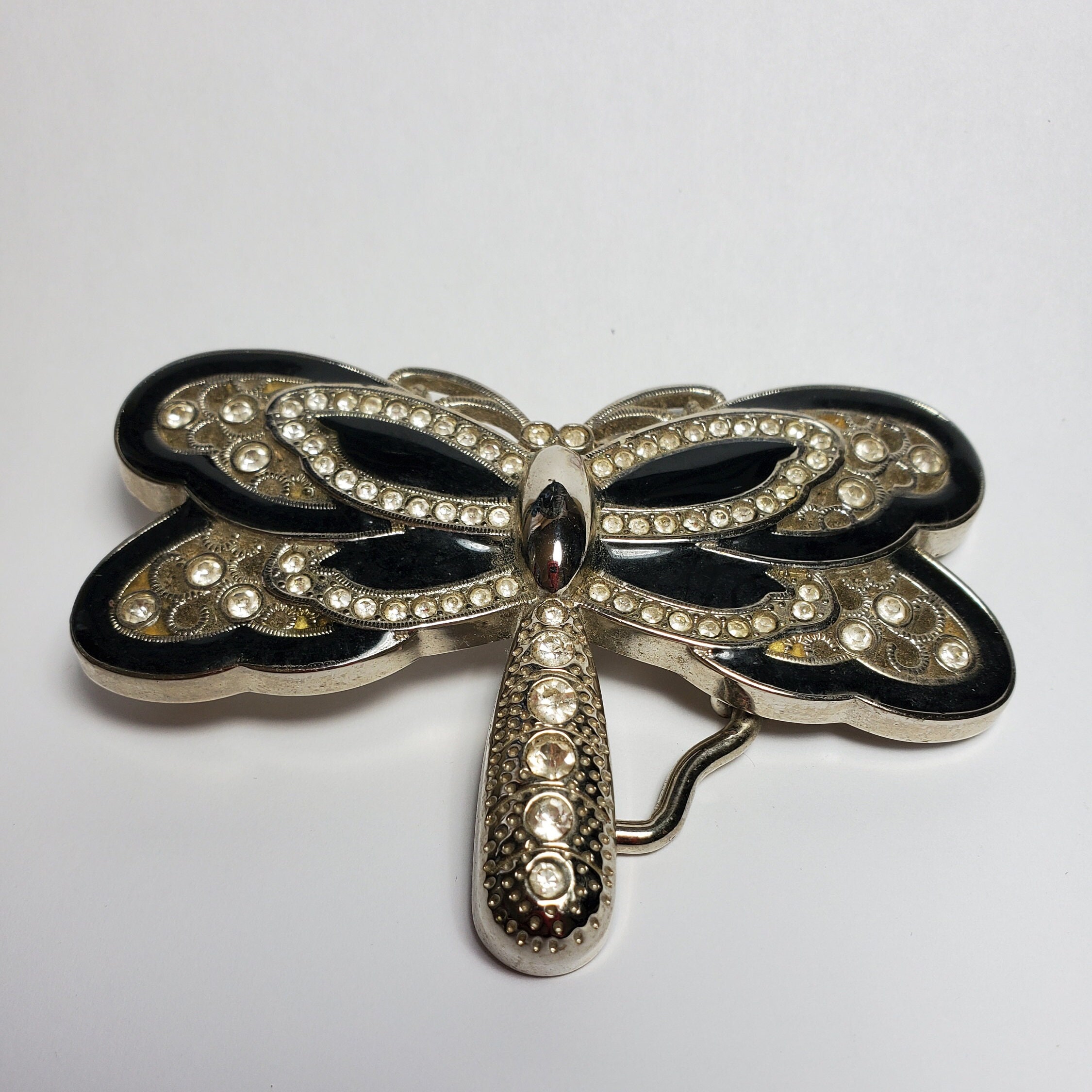 Vintage Belt Buckle Black Enamel & Silver Tone Dragonfly With ...