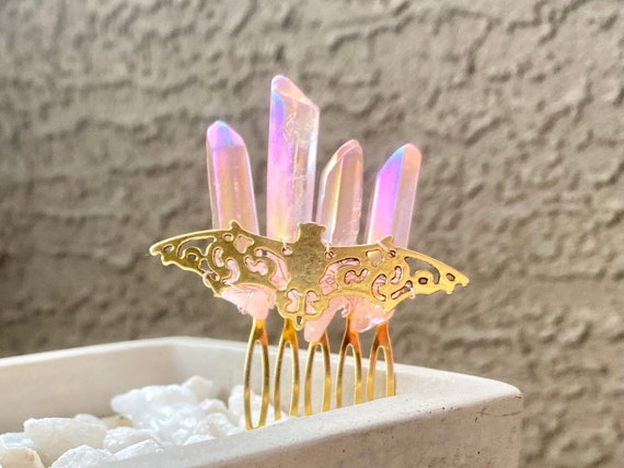Pastel Pink Aura Quartz Hair Comb Vampire Aura Gothic Bats - Etsy