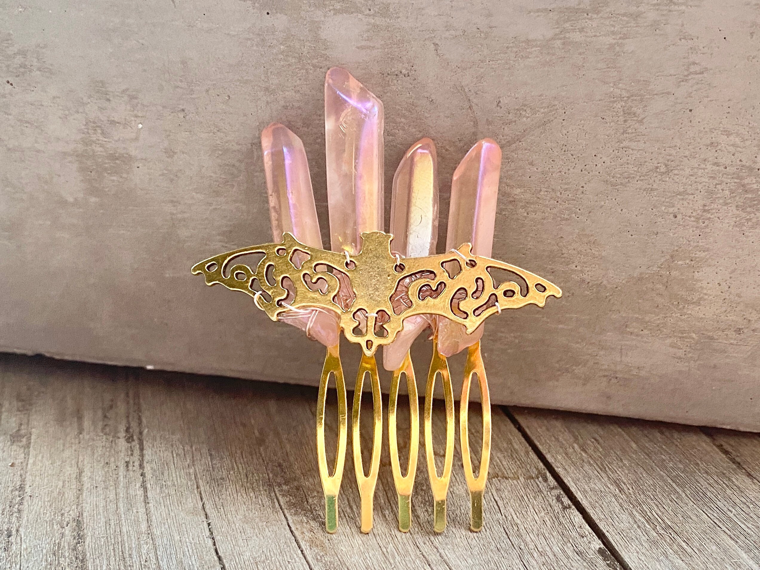Pastel Pink Aura Quartz Hair Comb Vampire Aura Gothic Bats - Etsy