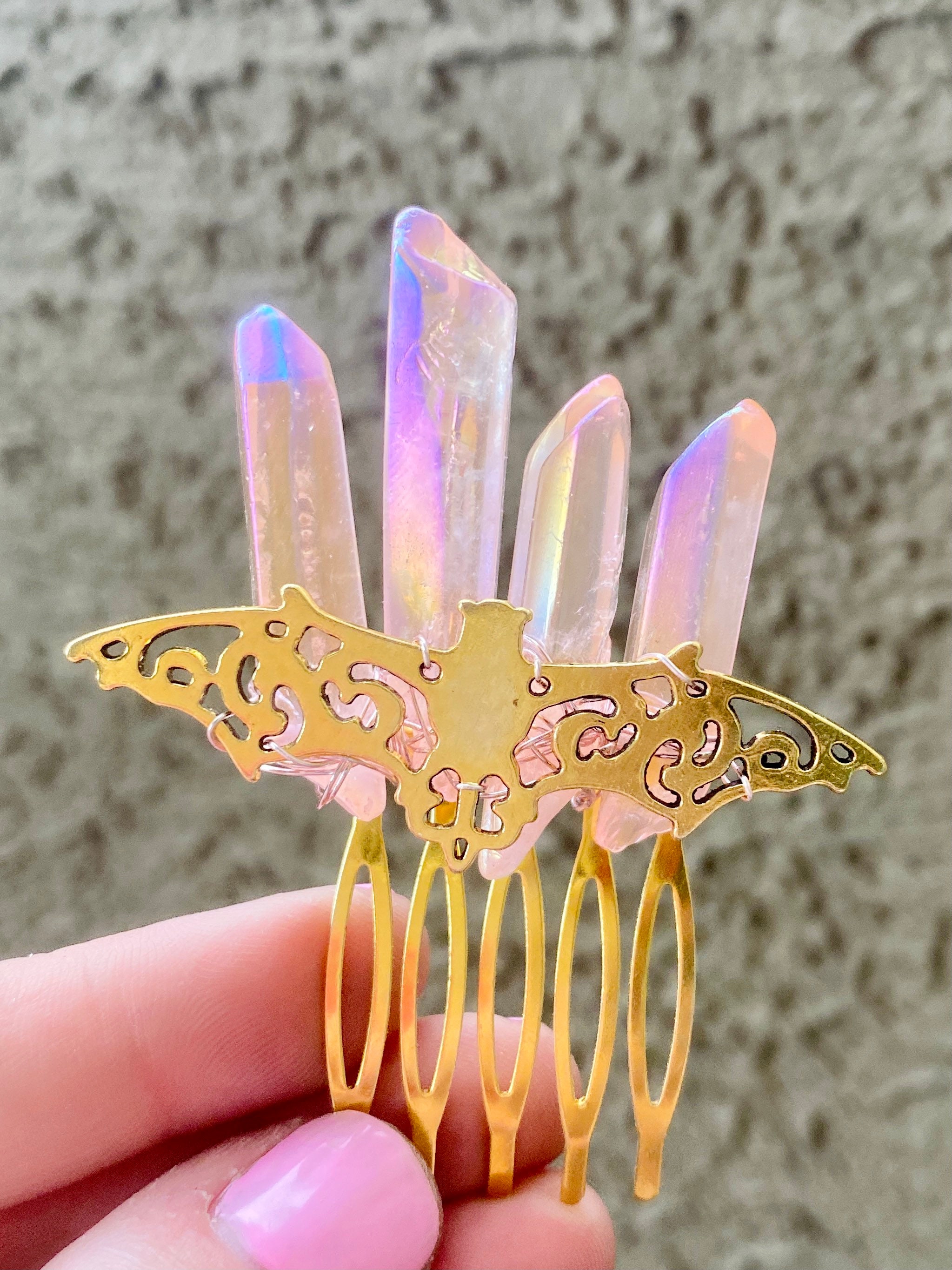 Pastel Pink Aura Quartz Hair Comb Vampire Aura Gothic Bats - Etsy