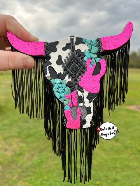 Pink and Turquoise Cow Print Bull Skull Freshie - Etsy