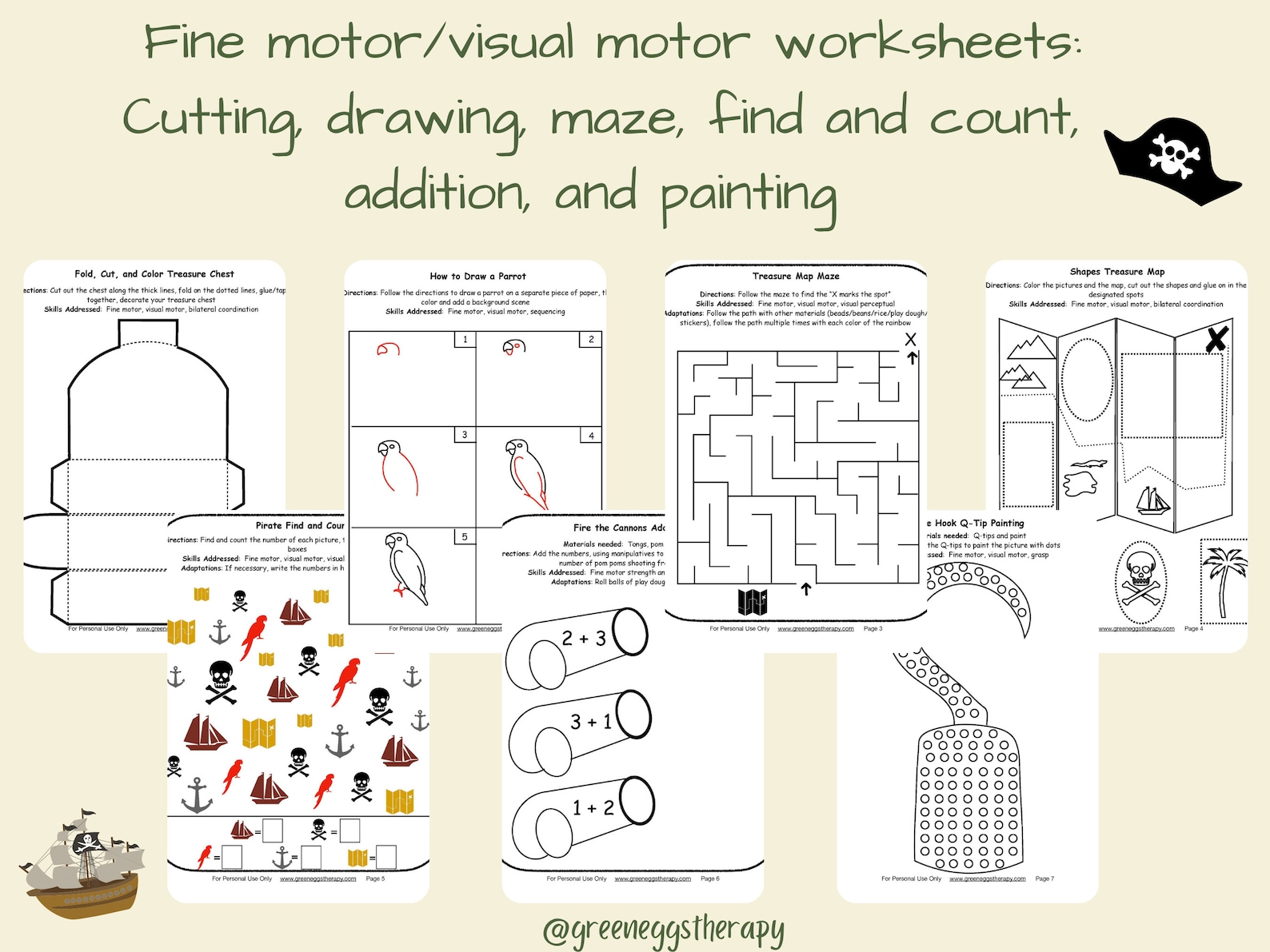 Pirate Fine Motor Worksheets Home School Preschool Activity - Etsy