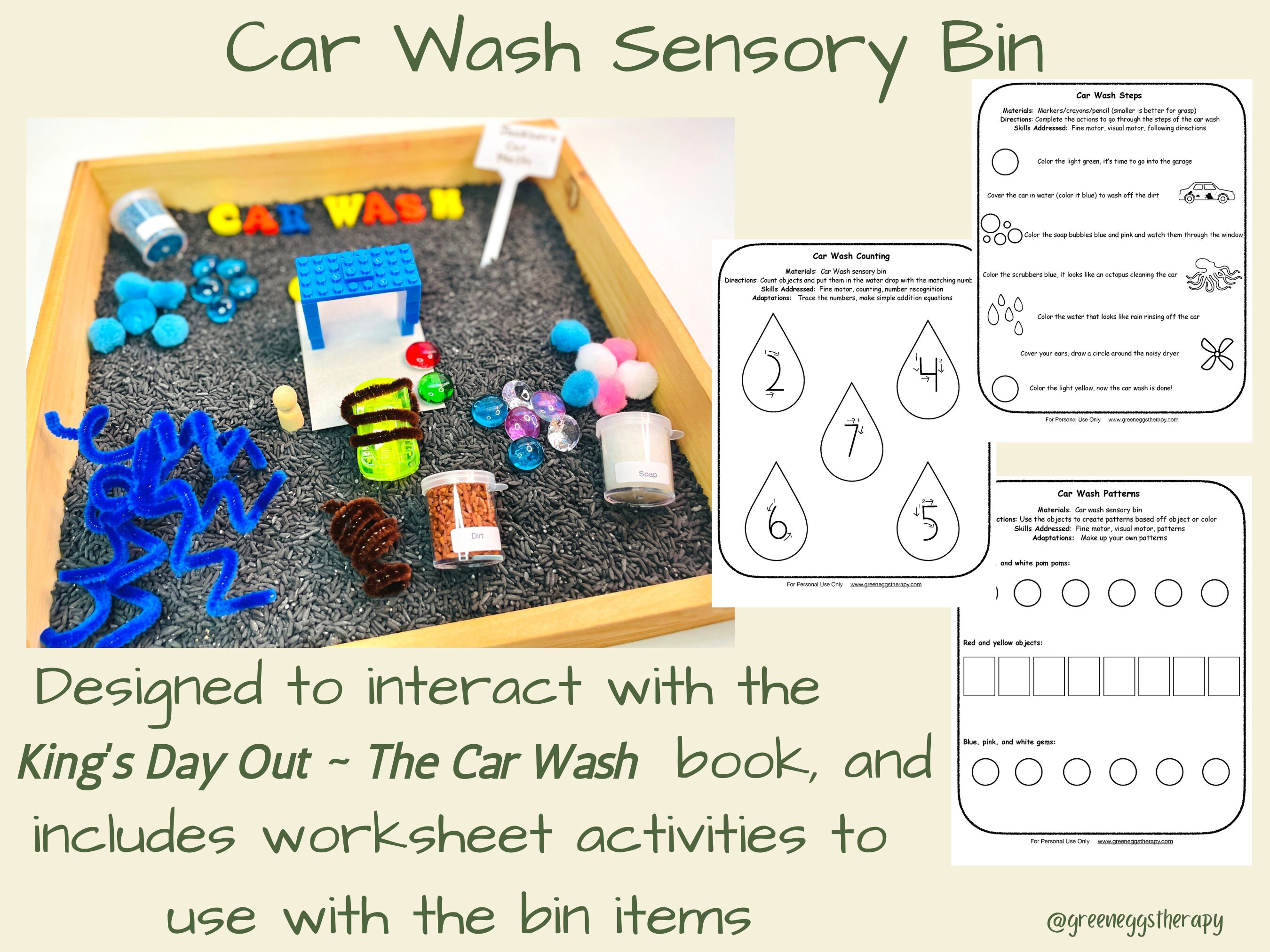 King's Day Out~the Car Wash Sensory Activity Kit, Sensory Bin, Car Wash ...