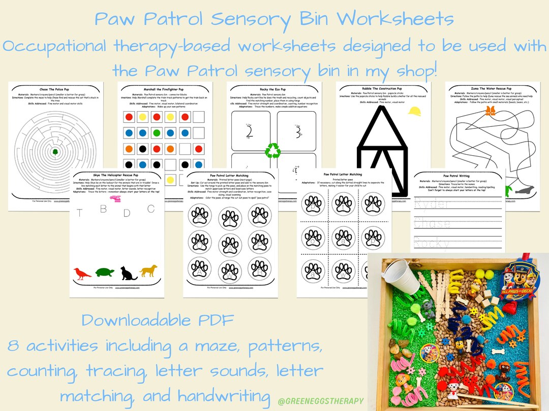 Paw Patroll Worksheets, Paw Patroll Sensory Bin Activity Bundle ...