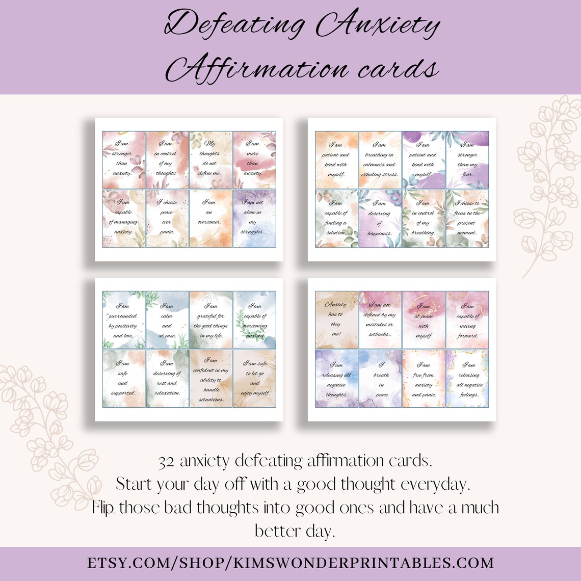 Defeating Anxiety Affirmation Cards Printable, Anxiety Relief Printable ...