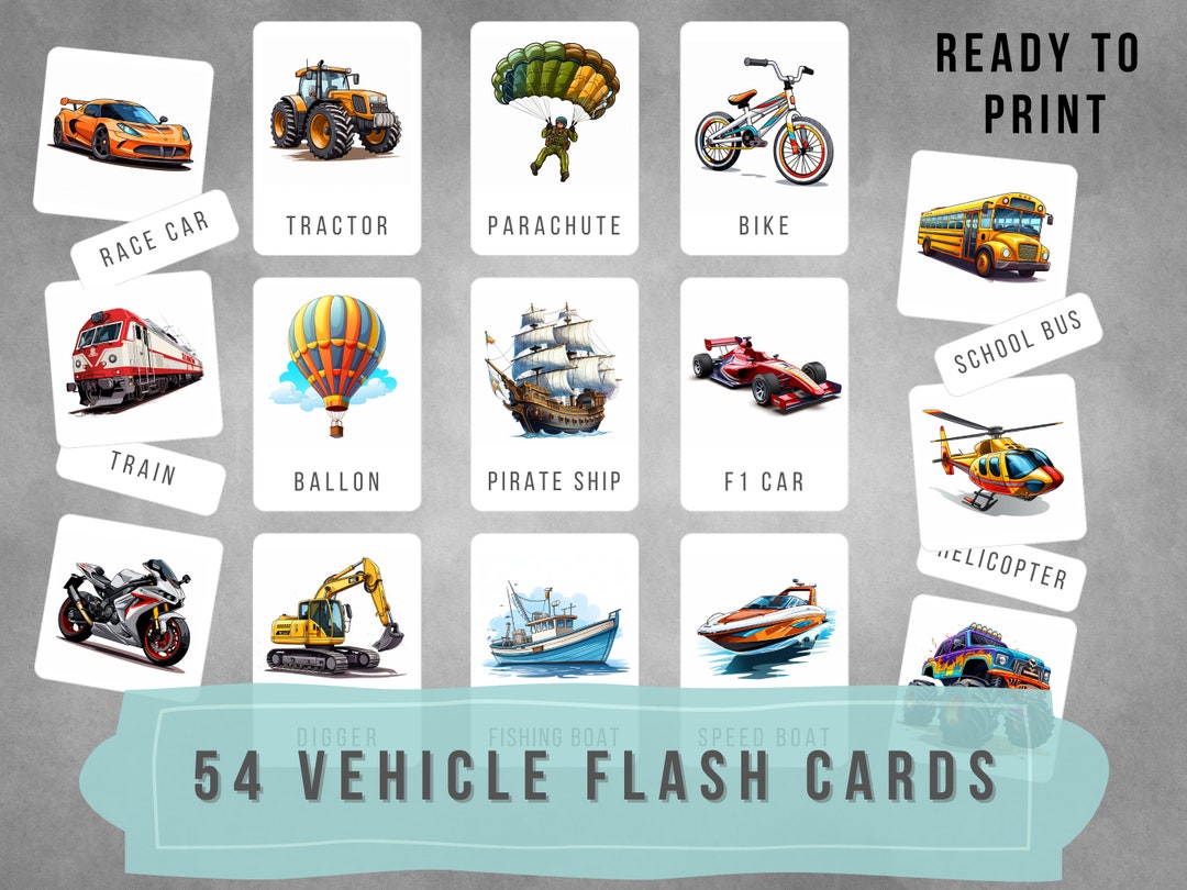 54 Vehicle Flash Cards Montessori Pre-school Cards 3-part Printable I ...