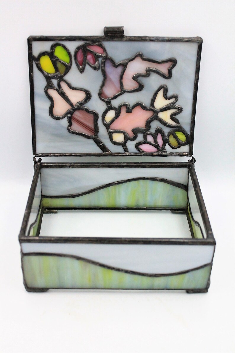 Japanese Koi Fish Box, Grey and Light Green Stained Glass Jewellery ...