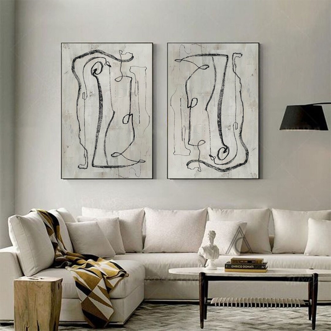 Set of 2 Large Black and White Wall Art Black and White Painting ...